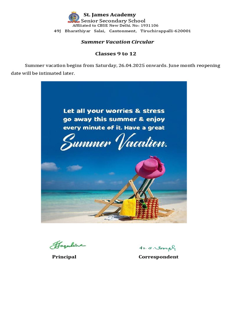 Summer Vacation Circular Classes IX - XII | PDF