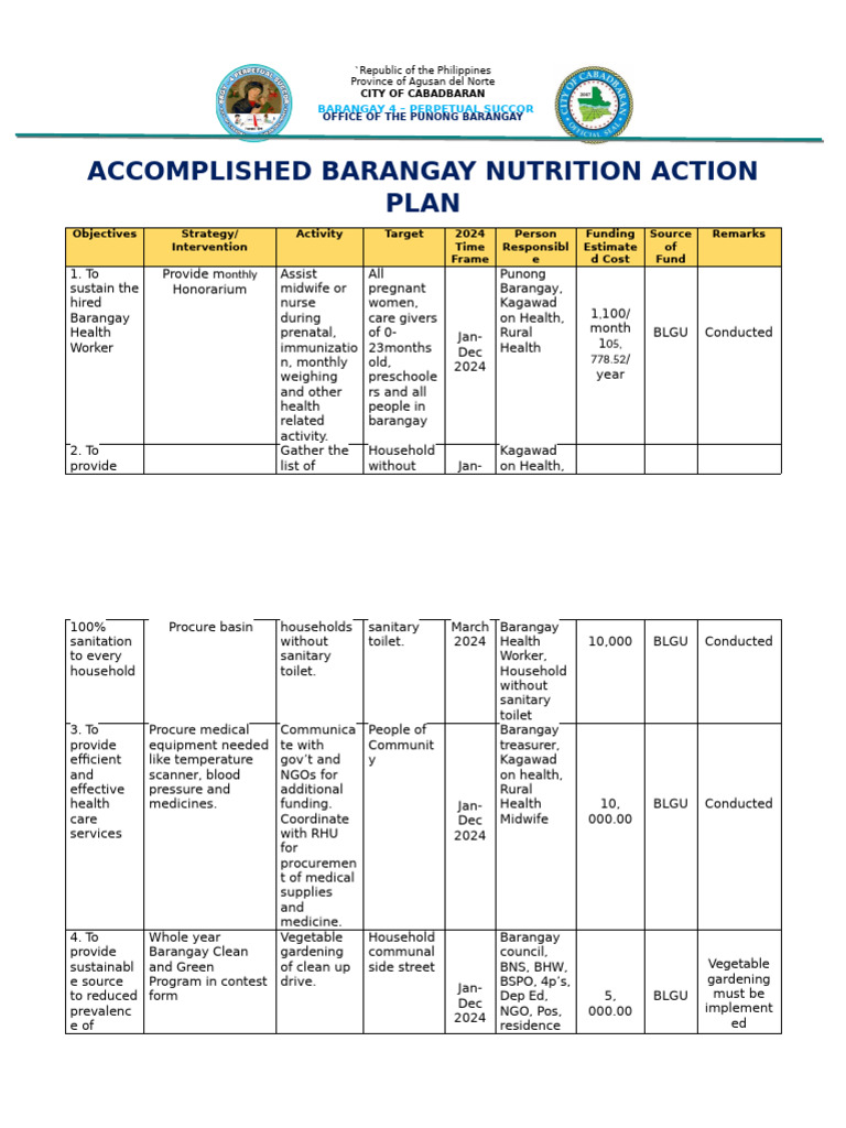 Barangay Nutrition Action Plan 2024 Report | PDF | Sanitation ...