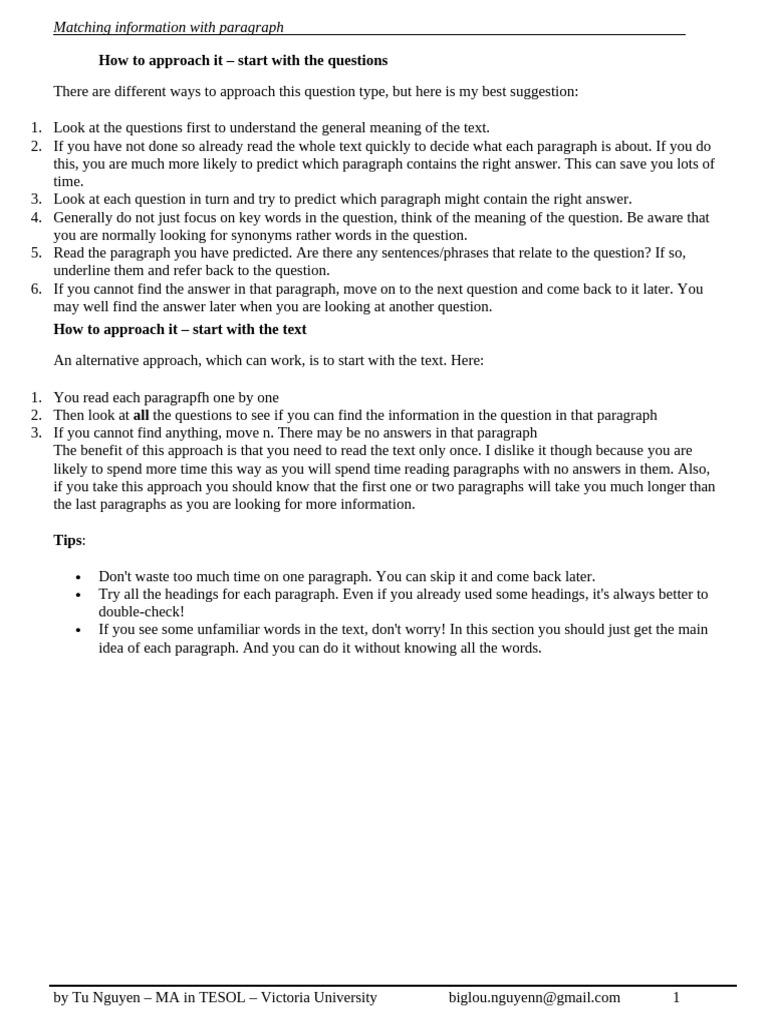 Matching Paragraph With Information Exercise | PDF