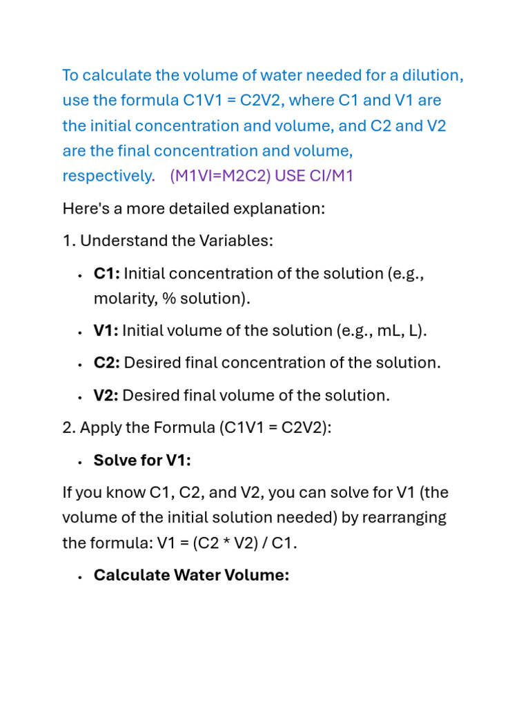 Dilution Calculation Using C1V1=C2V2 | PDF