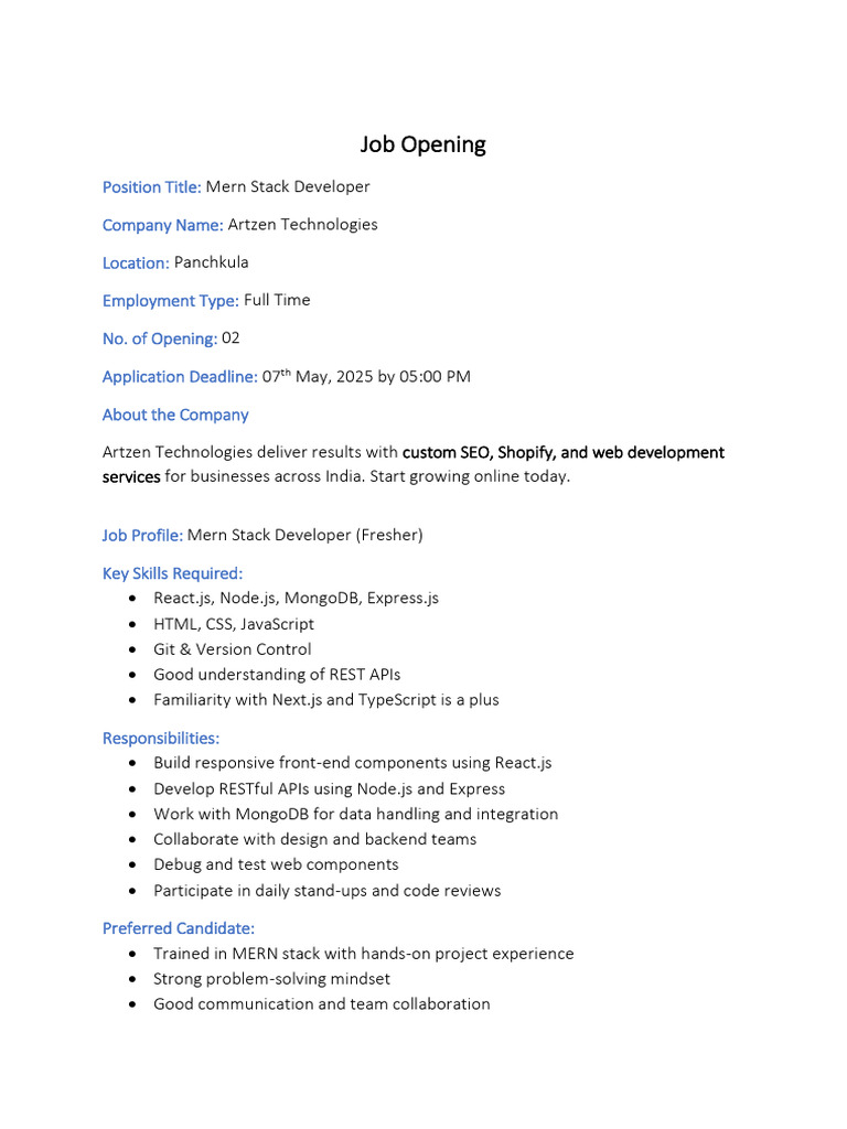 Mern Stack Developer - Artzen (Panchkula) | PDF
