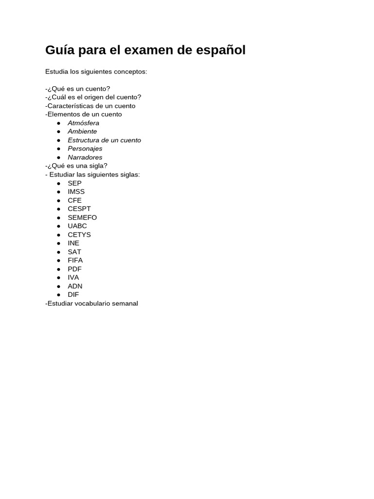 Guía de Estudio para Examen de Español 1er Grado | PDF