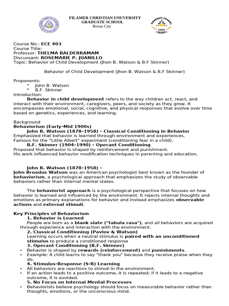 Behavior of Child John b. Watson and Bf Skinner | PDF | Behaviorism ...