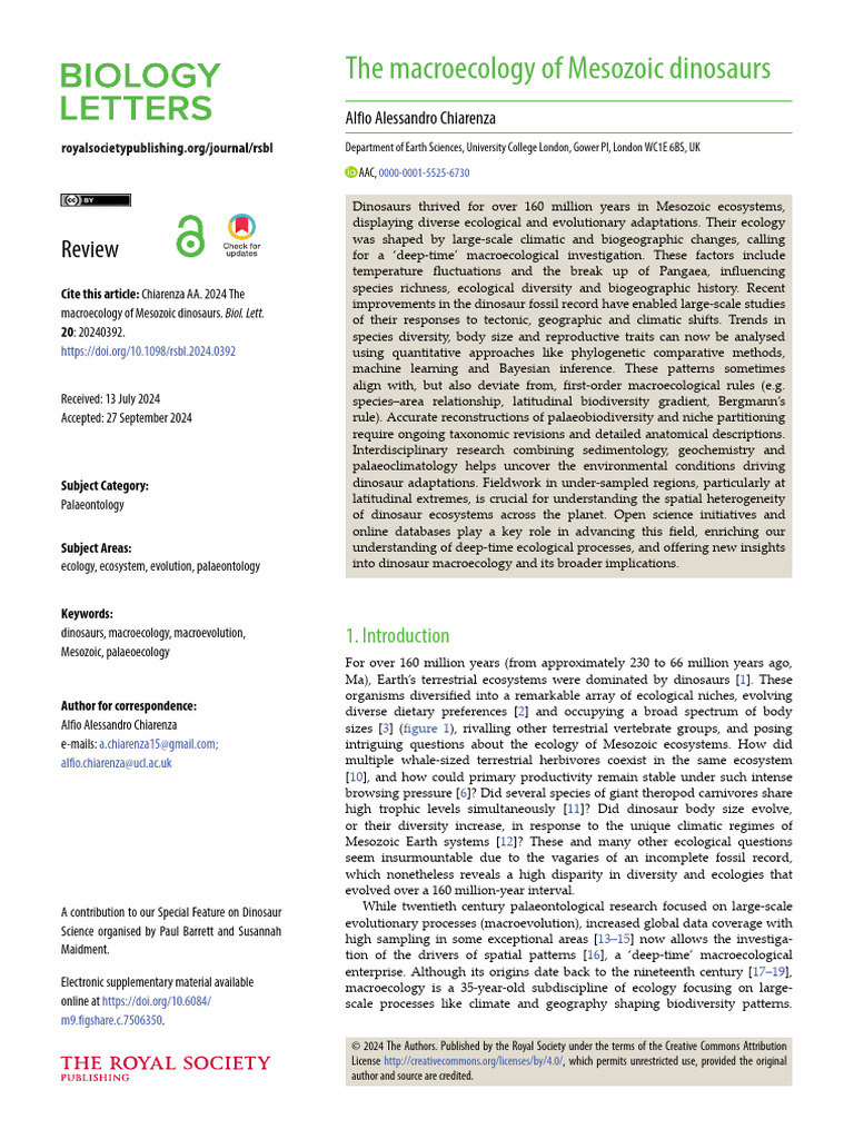 The Macroecology of Mesozoic Dinosaurs | PDF | Dinosaurs | Biodiversity