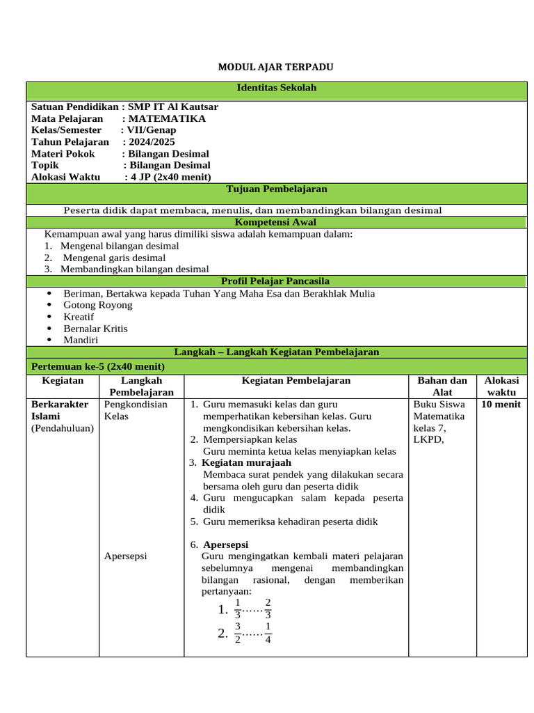 MODUL AJAR TERPADU MTK Bilangan Desimal Ok | PDF