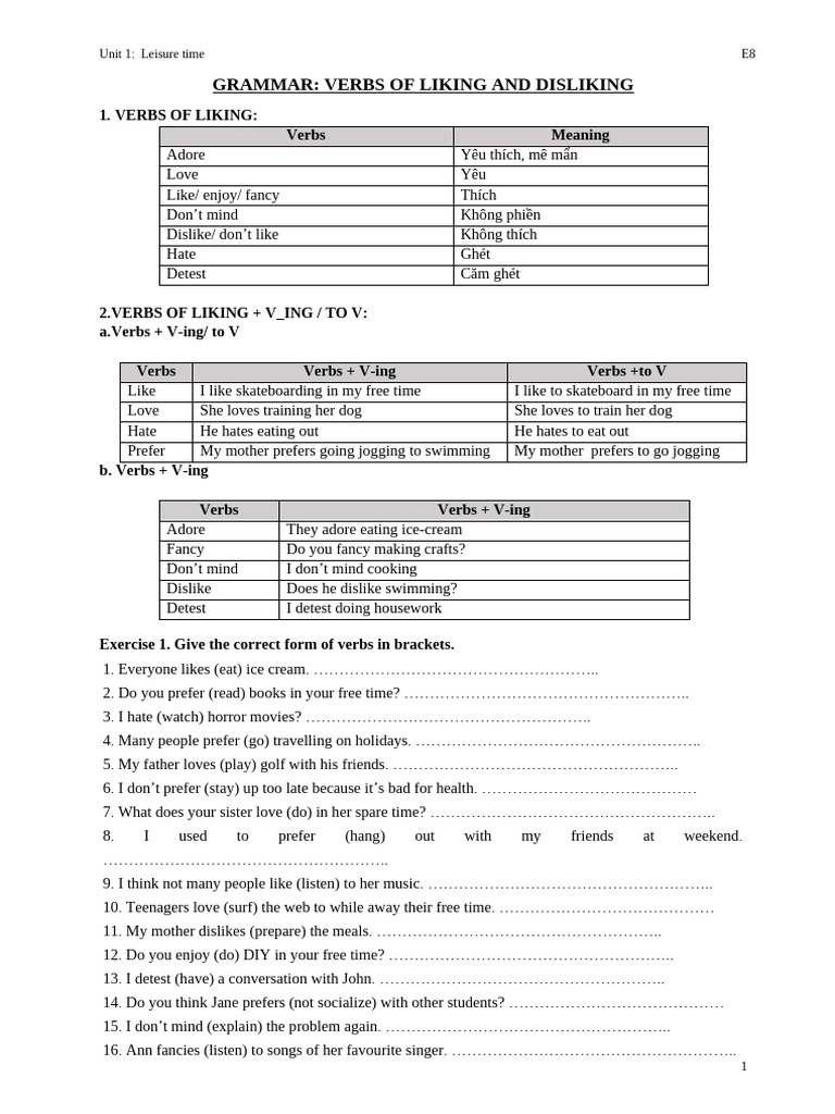 Verbs of Liking and Disliking Exercises | PDF