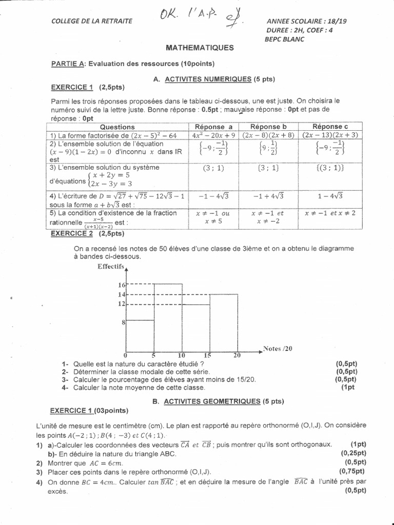 Coll La Retraite Bepc Blanc Maths 2019 | PDF