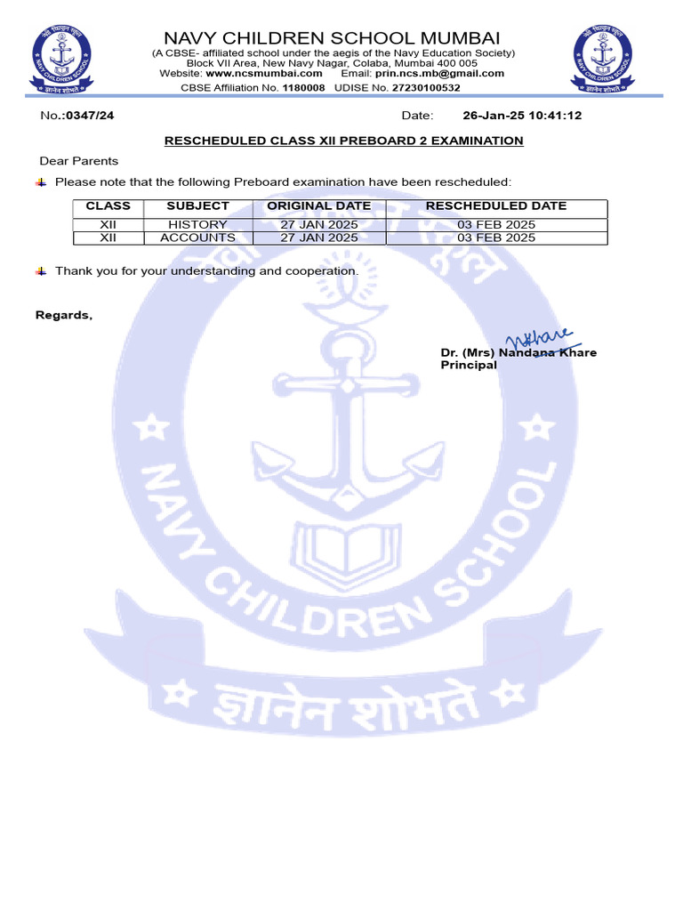 Circular No - 347 RESCHEDULED CLASS XII PREBOARD 2 EXAMINATION 9SR) | PDF