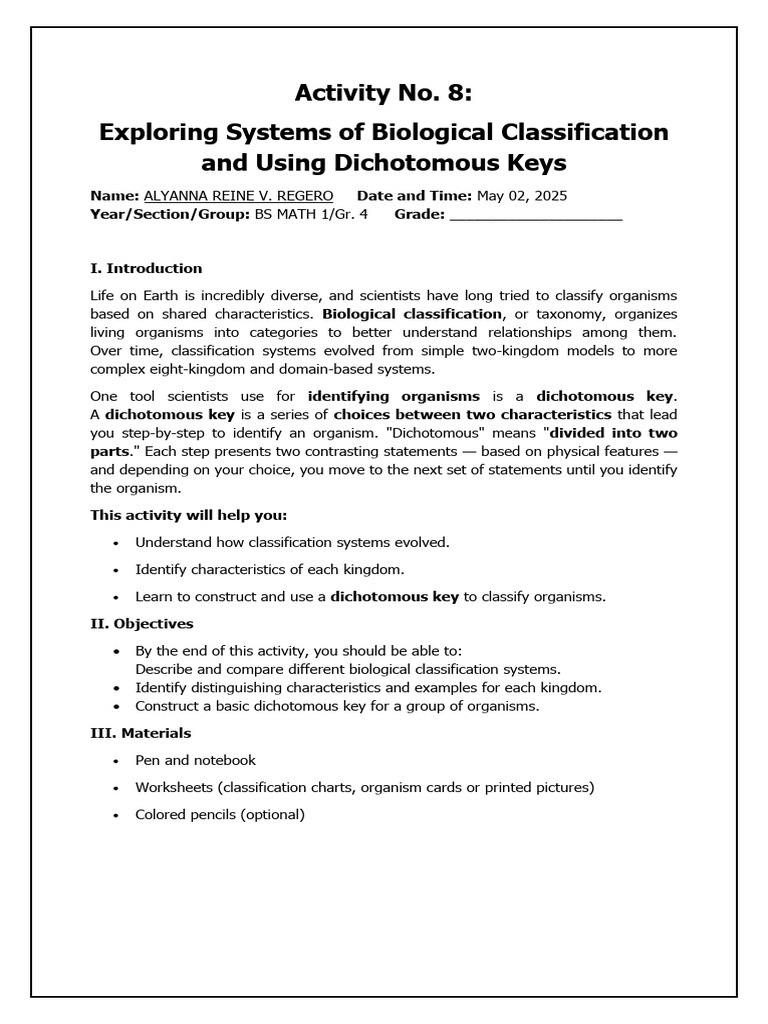 Activity No. 8 Exploring Systems of Biological Classification and Using ...