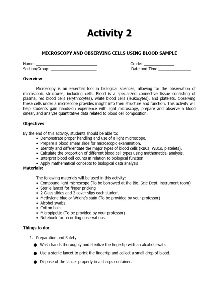 Activity No. 2 Microscopy and Observing Cells Using Blood Sample | PDF ...