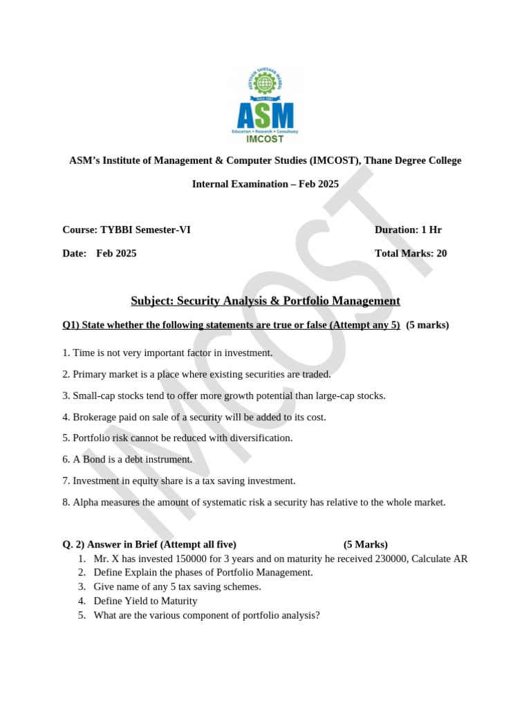 Internal Exam - TYBBI - 2025 - SAPM-1 | PDF