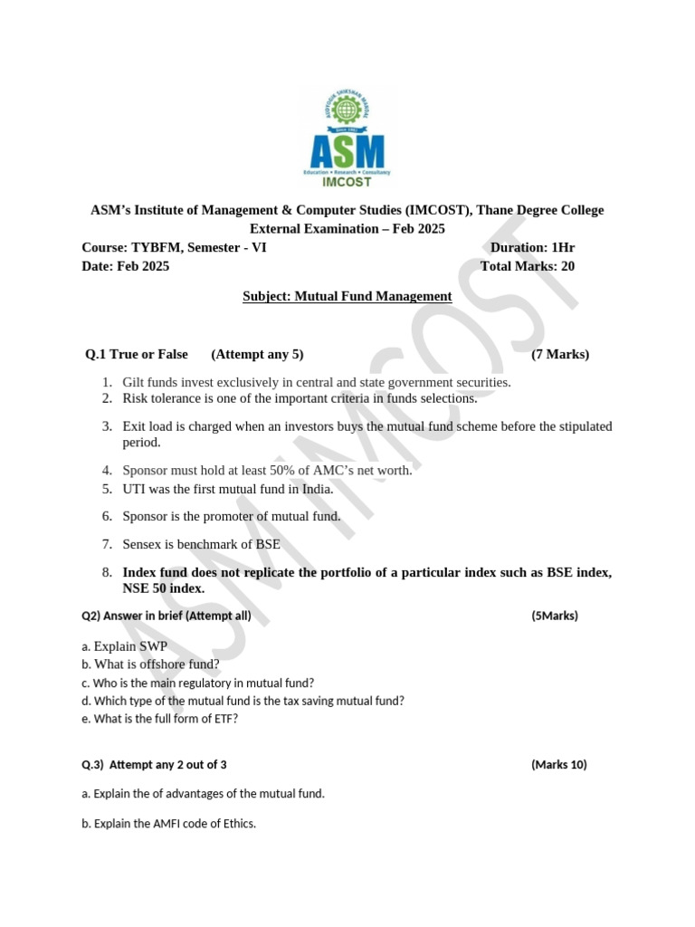 Internal Exam - TYBFM - 2025 - MFM-2 | PDF
