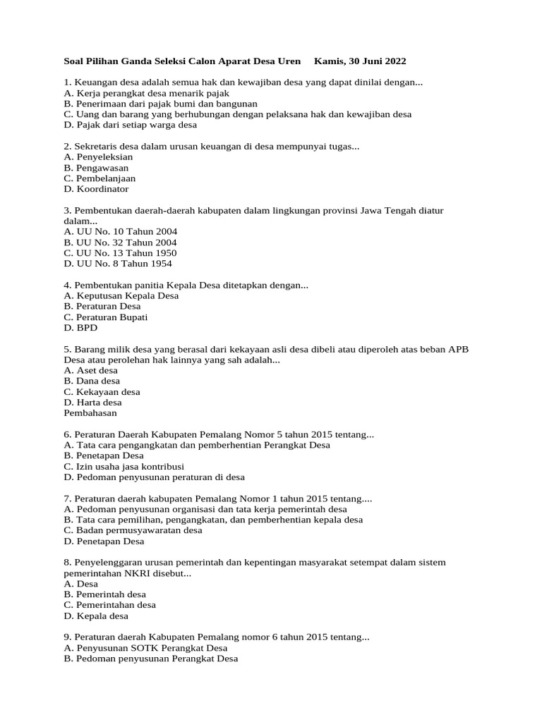 Soal Seleksi Calon Aparat Desa Uren | PDF