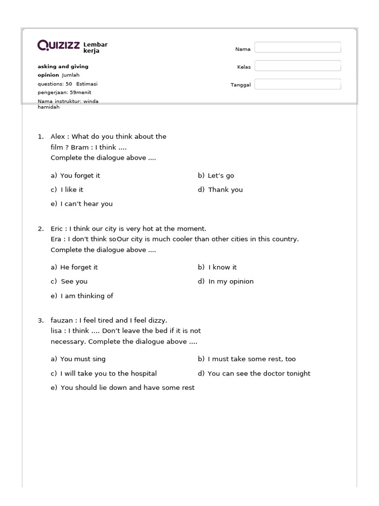 Asking and Giving Opinions Worksheet | PDF