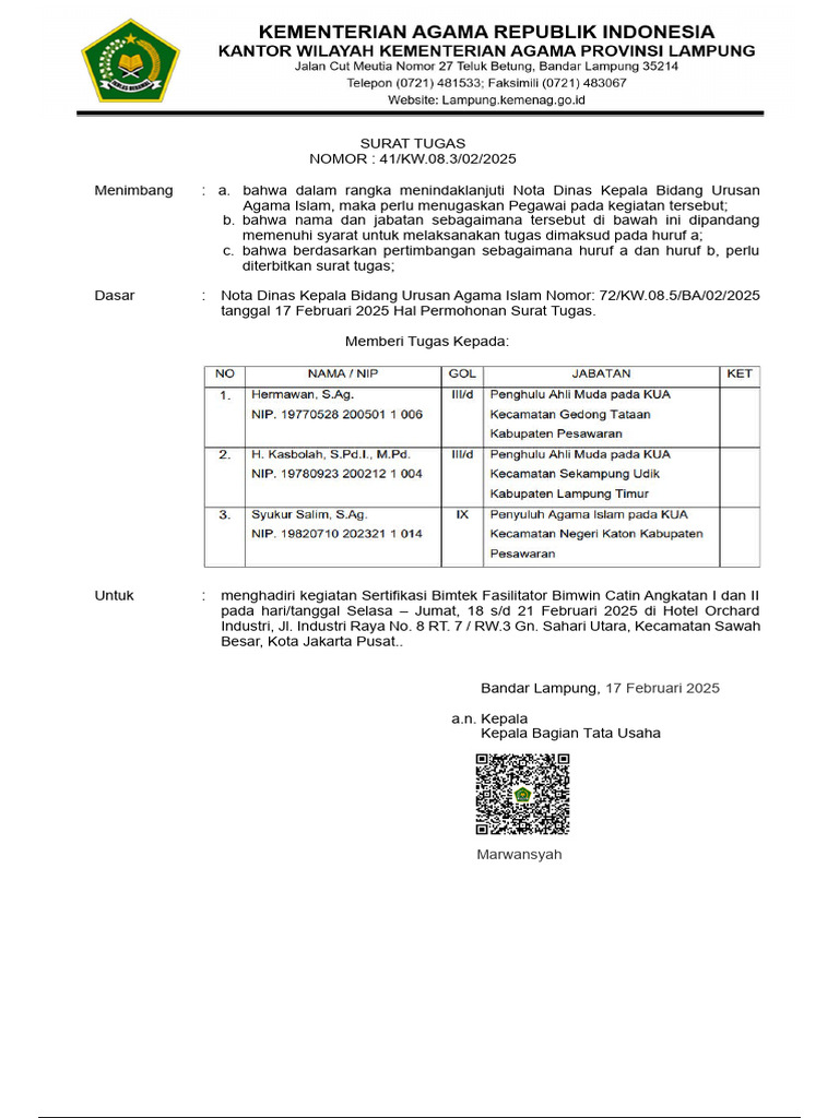 Surat Tugas Peserta Sertifikasi Bimtek Fasilitator Bimwin Catin Angk 1 & 2 | PDF
