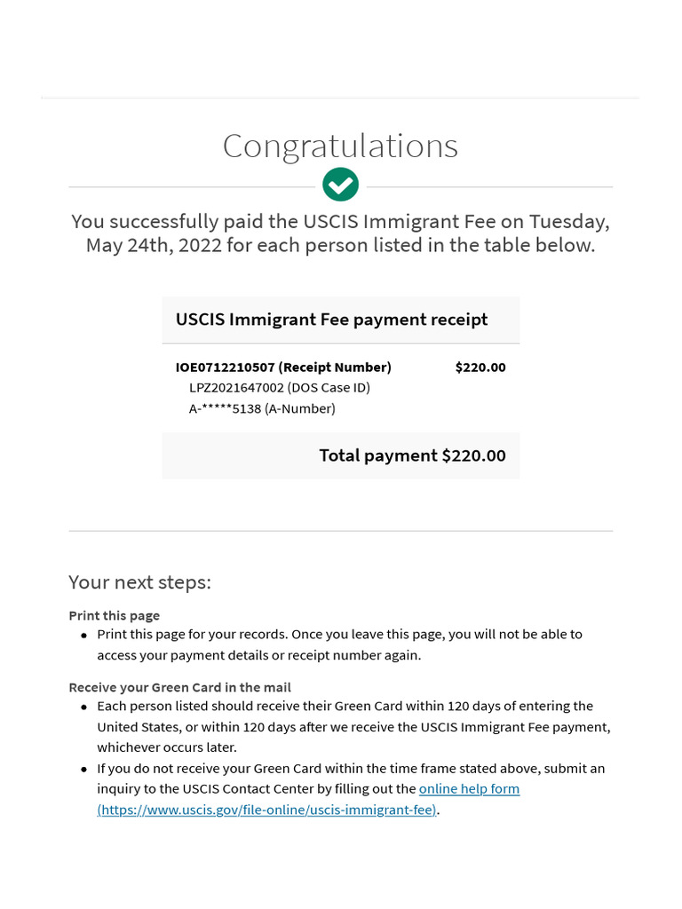USCIS - Immigrant Fee - Payment Confirmation | PDF