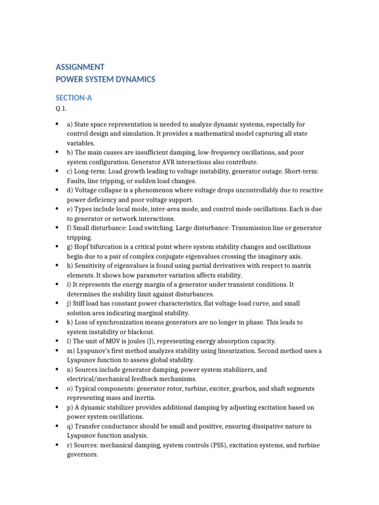 Power System Dynamics Assignment Section A | PDF | Stability Theory | Resonance