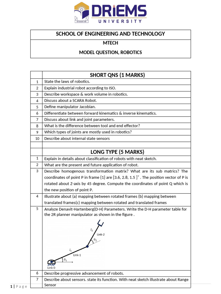 MTech 2025 Mid Sem Robotics MODEL QNS | PDF