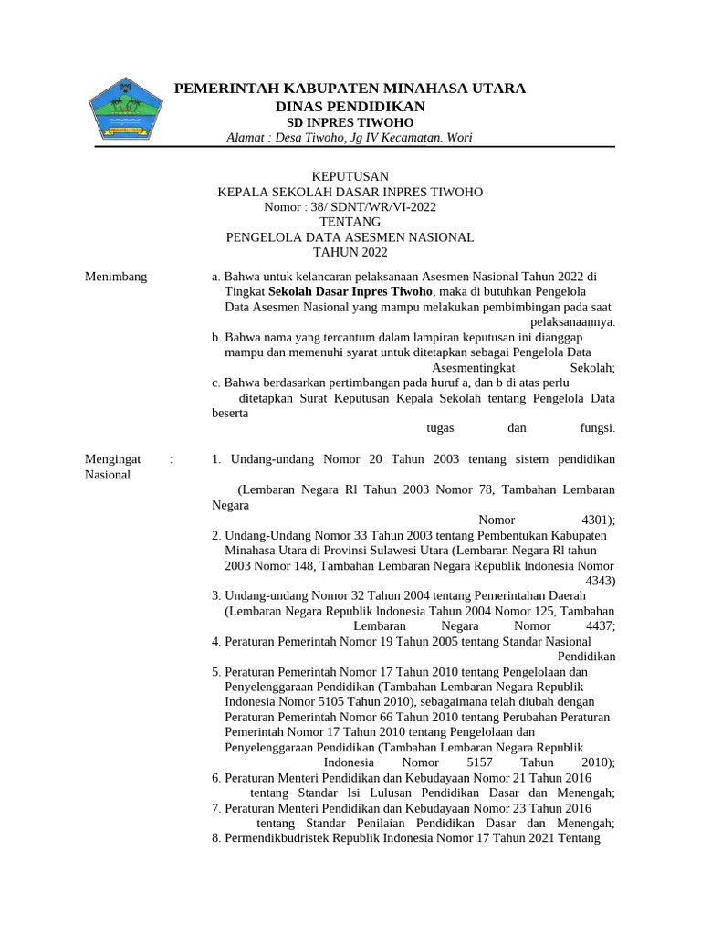 SK Pengelola Data ANBK 2022 | PDF