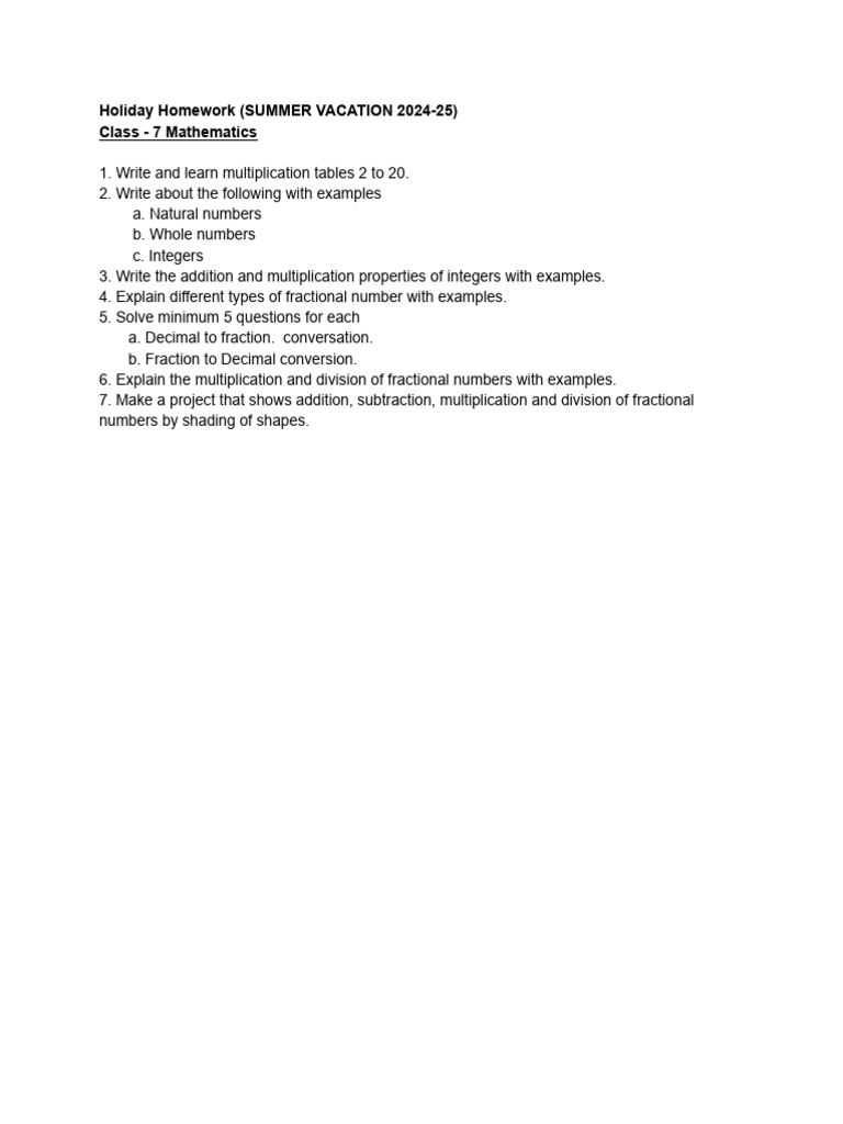 Class 7 Maths Holiday Homework | PDF