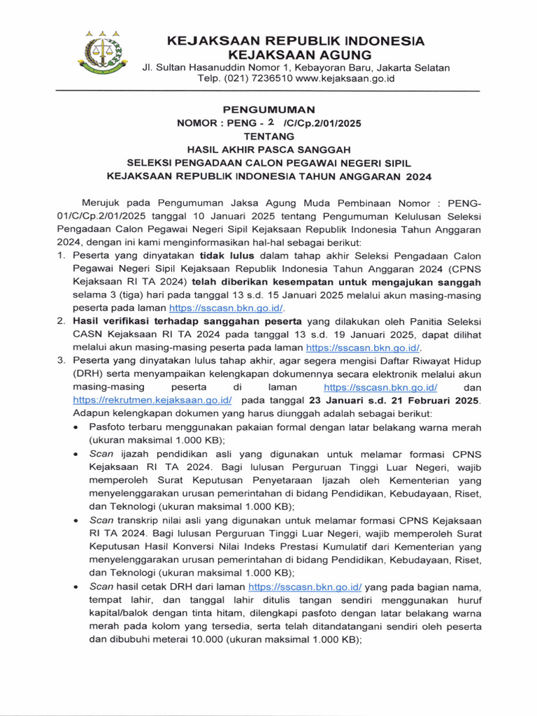 Hasil Akhir Pasca Sanggah Seleksi Pengadaan Calon Pegawai Negeri Sipil Kejaksaan Republik ...