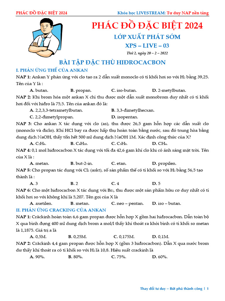 Thứ 2 (20.2) XPS - LIVE - 03. Bài tập đặc thù ankan + anken | PDF