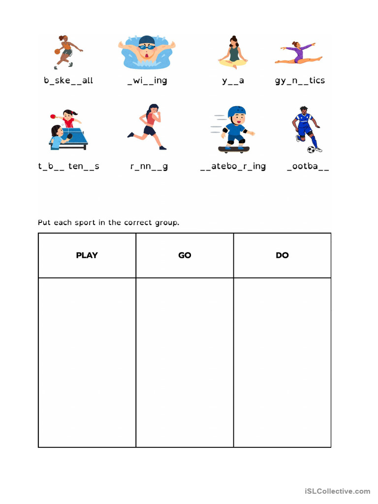 Play, Do, Go - Sports Vocabulary Worksheet + Charades Cards | PDF