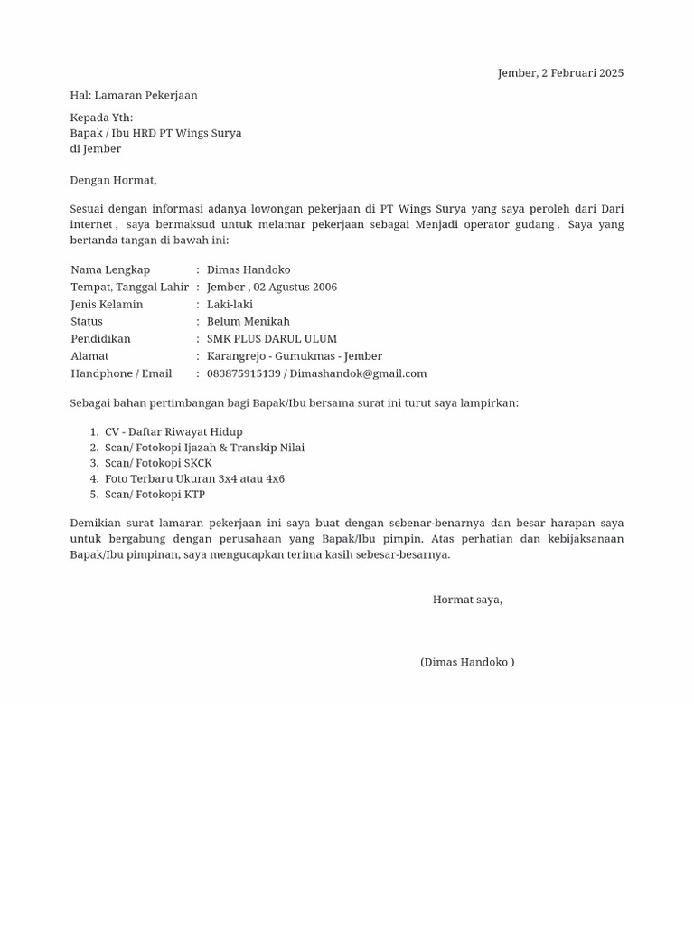 Lamaran-PT Wings Surya | PDF