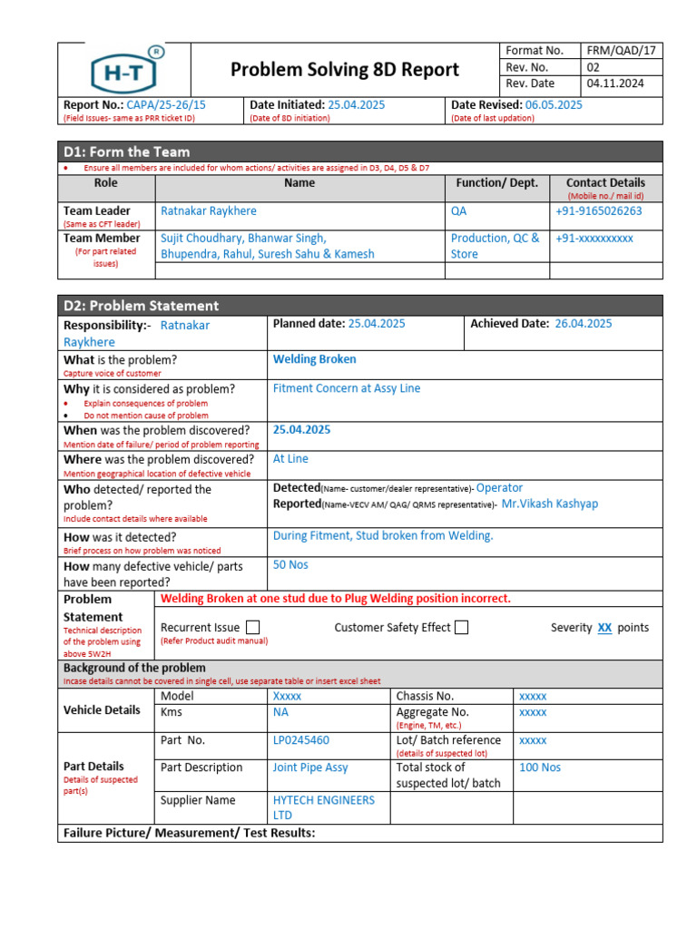 CAPA25-26 - LP0245460 - 8D Report | PDF | Mechanical Engineering