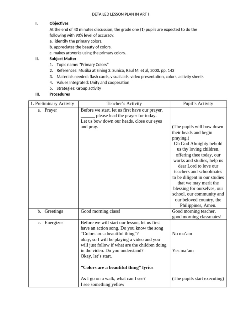 Art Lesson Plan Primary Colors Grade 1 Pdf Color
