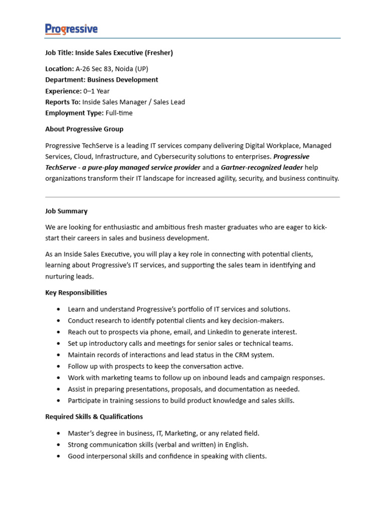 Progressive - JD Inside Sales Exicutive | PDF | Sales | Business
