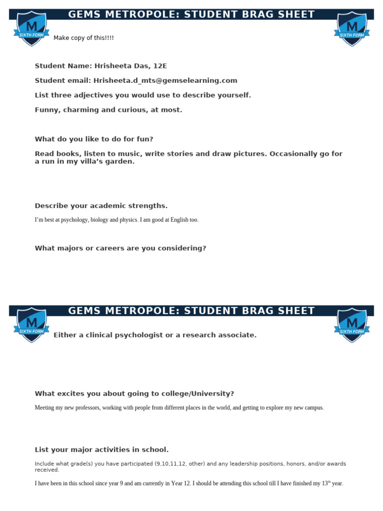 Hrisheeta Das: Student Brag Sheet | PDF