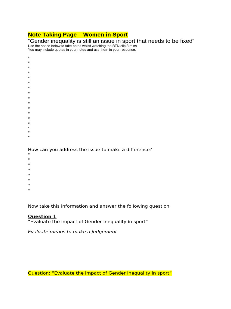 Women in Sport Note Taking Page | PDF | Sports | Human Rights