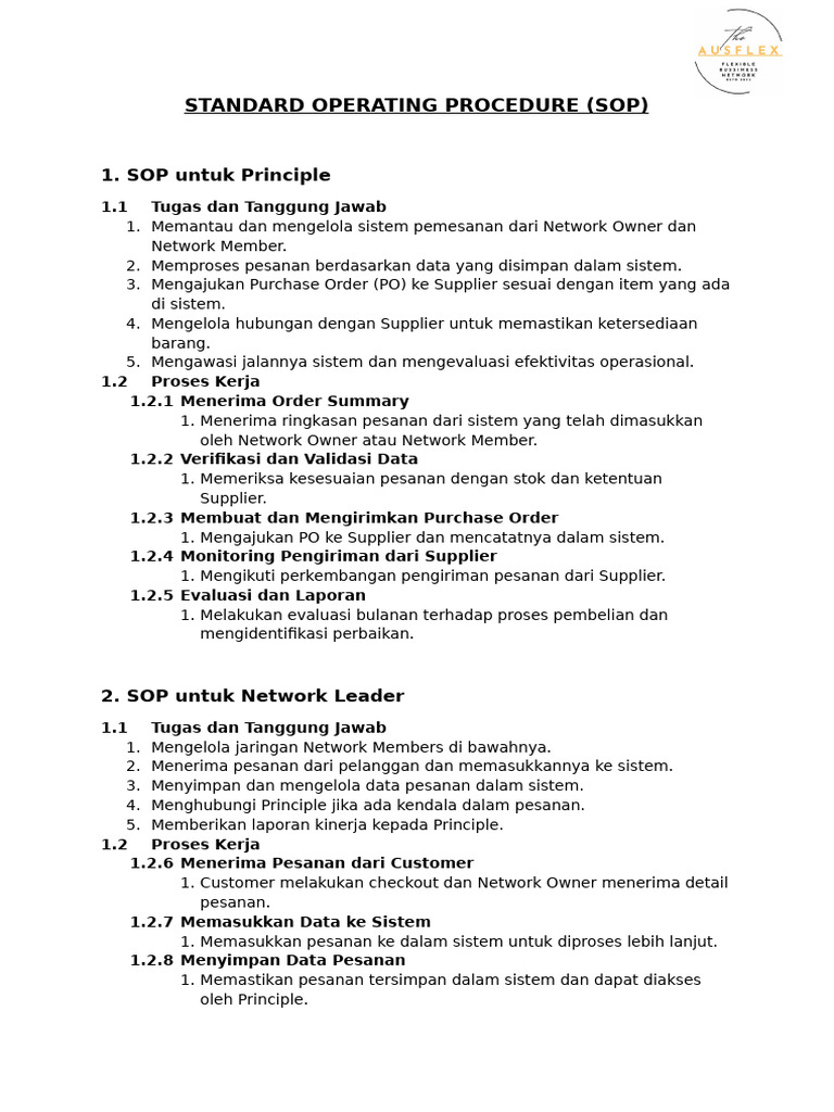 Standard Operating Procedure - Ausflex | PDF