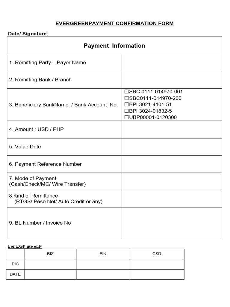 Evergreen Payment Confirmation Form | PDF
