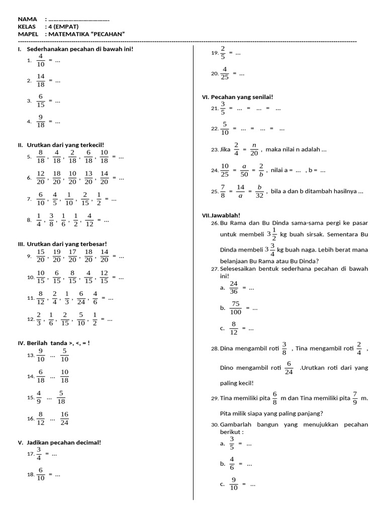Latihan Soal Pecahan Semester 1 Kelas 4 Kumer | PDF