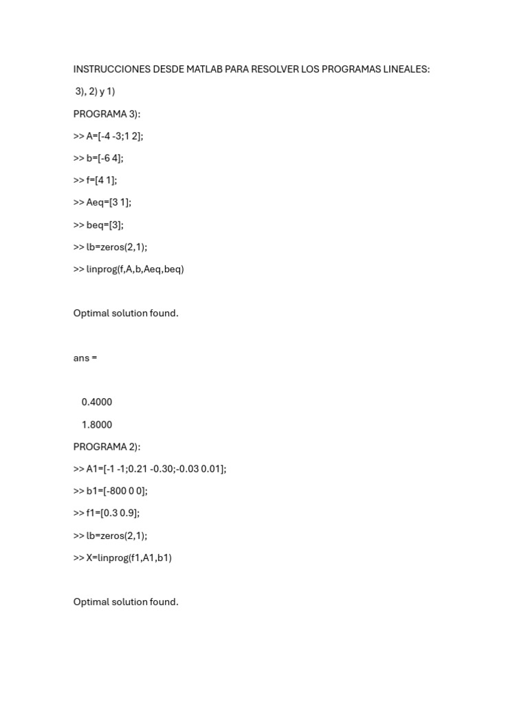 Instrucciones Desde Matlab para Resolver Los Programas Lineales | PDF