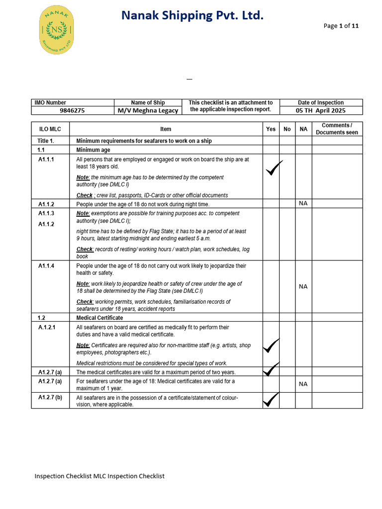 MLC Inspection Checklist Overview | PDF | Occupational Safety And ...