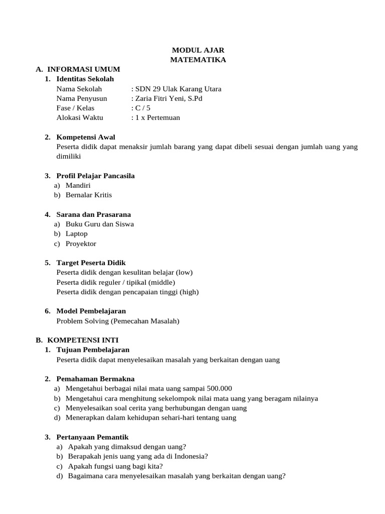 Modul Ajar MTK 1 | PDF