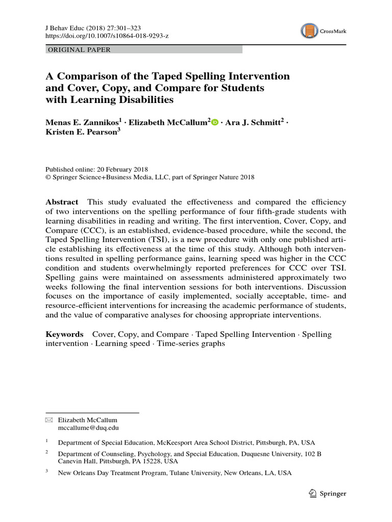 A Comparison of The Taped Spelling Intervention and Cover, Copy, and ...