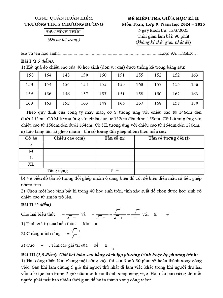 2024-2025- TOÁN 9 - KIỂM TRA GIỮA HKII | PDF