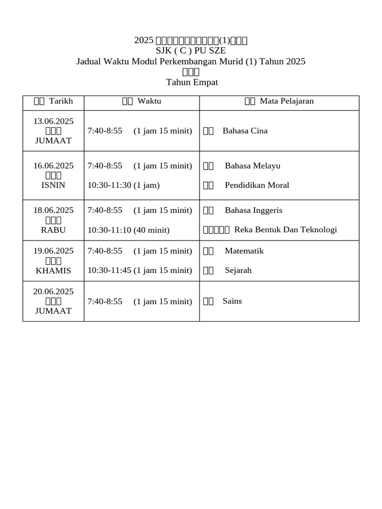 2025 Tahun 4 Jadual Waktu Dan Skop PPM JUN 2025 02 05 2025 Edited | PDF