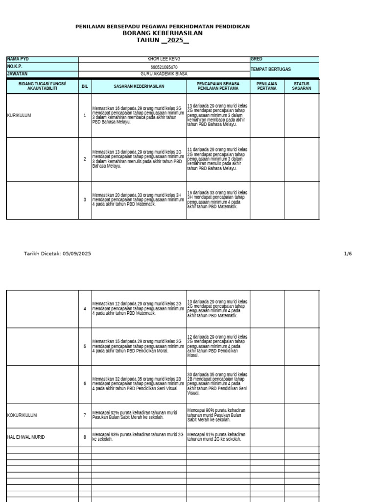 Borang Keberhasilan 2025 (KLK) | PDF