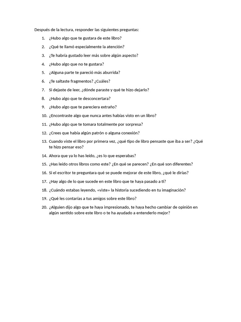 Preguntas para Reflexionar tras la Lectura | PDF