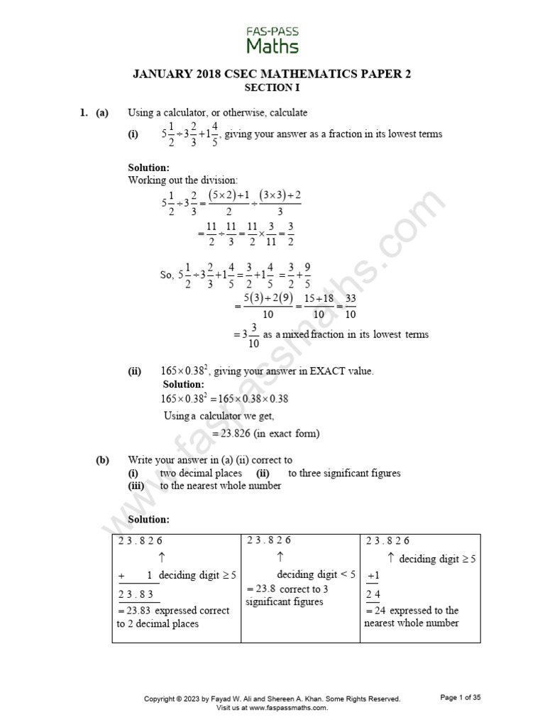 CSEC Maths 2018 January Past Paper Solutions | PDF | Elementary ...