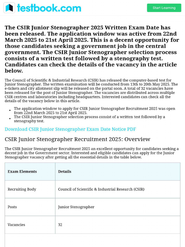 CSIR Junior StenographerExam Info | PDF