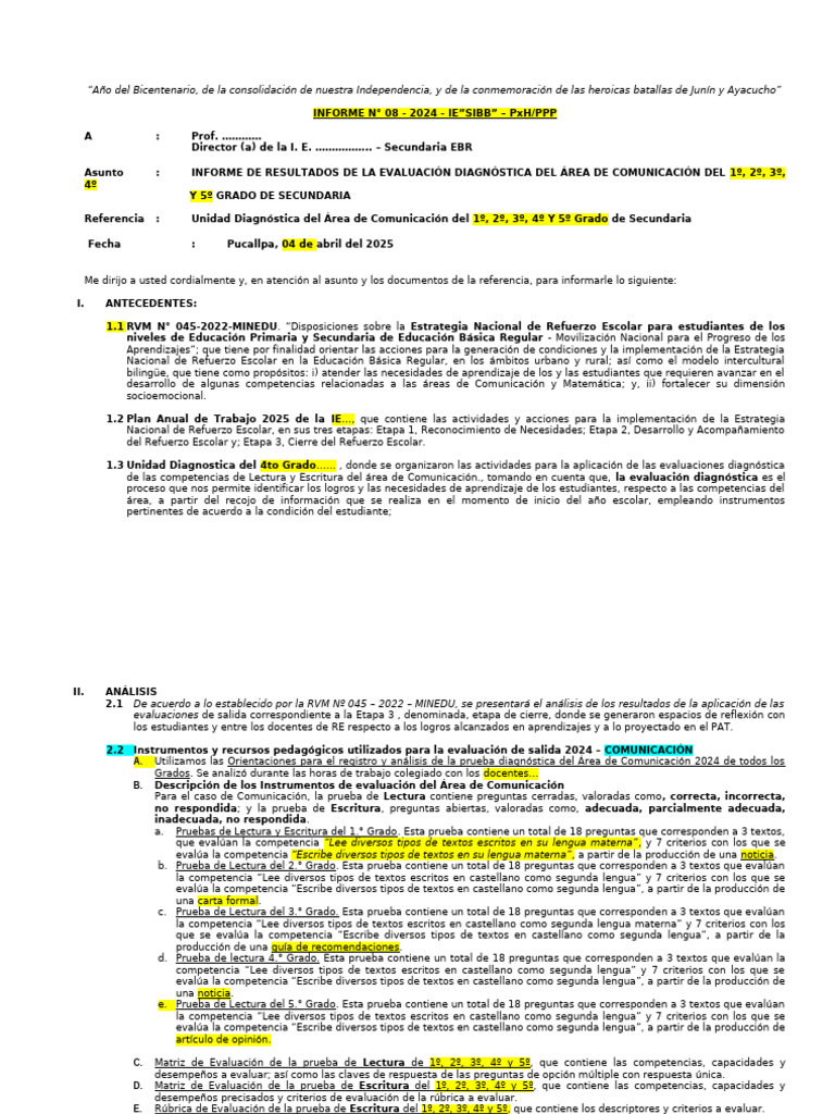 Inf. Final Docente Eval. Diagnóstica 2025 - Comunicación | PDF | Evaluación | Aprendizaje