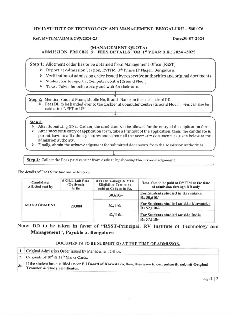 MQ College Admission Process Fees Details For 1ST Year B.E 2024 2025 | PDF