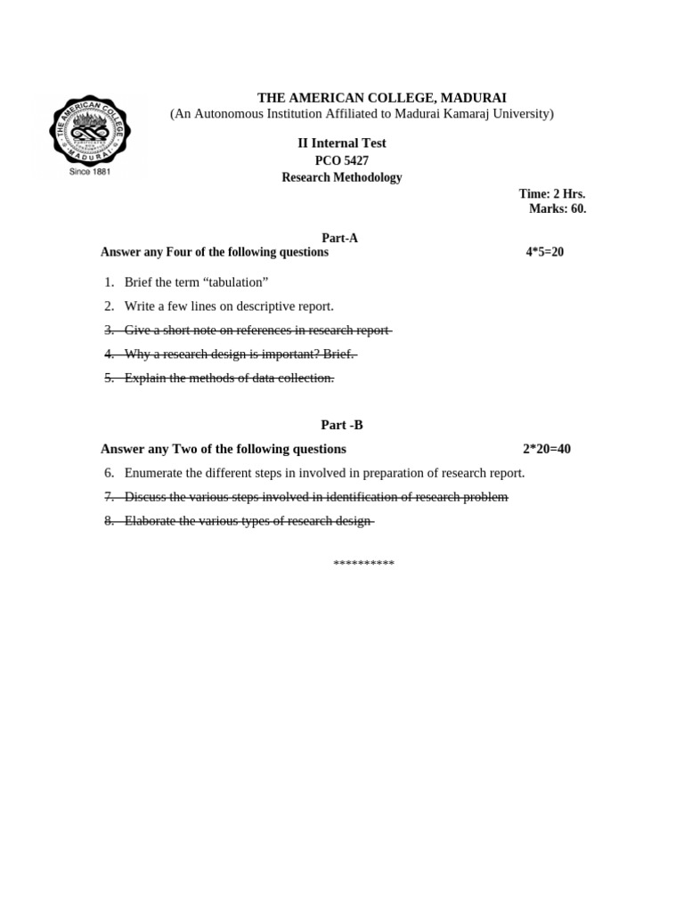 Research Methodology Test Paper | PDF