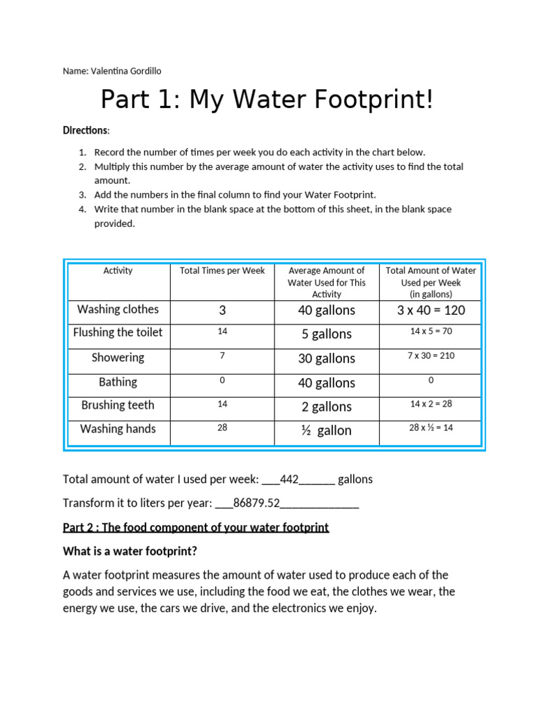 Water Footprint Worksheet | PDF | Meat | Diet (Nutrition)